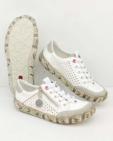 Szerokie półbuty na wiosnę damskie Rieker L0355-80 białe, buty tęgość H ...